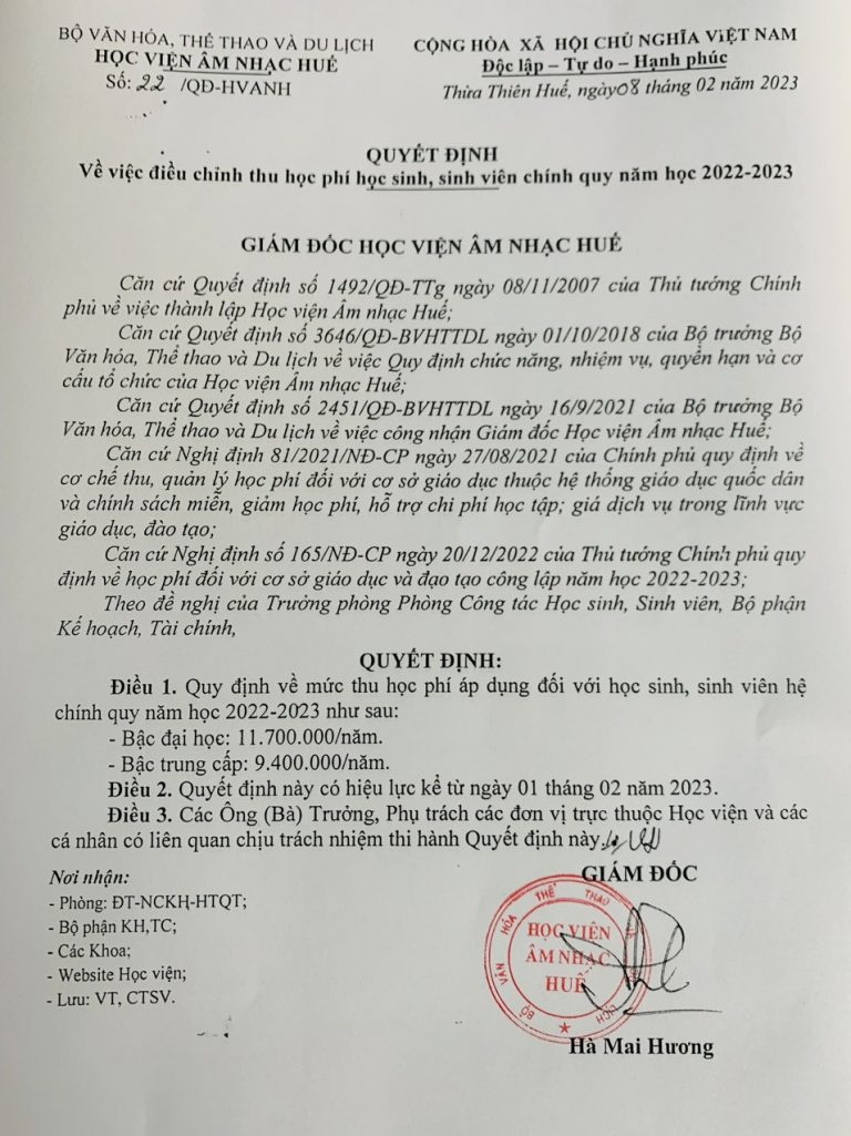 Quyết định điều chỉnh thu học phí học sinh, sinh viên chính quy năm học 2022 - 2023 - Học viện ...