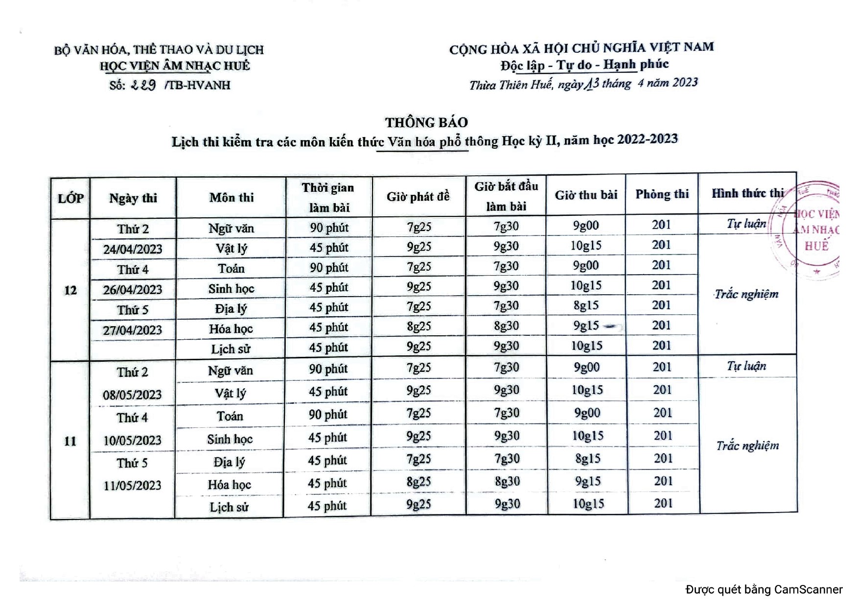 Thông báo lịch thi kiểm tra các môn kiến thức Văn hóa phổ thông học kỳ II, năm học 2022 - 2023 ...