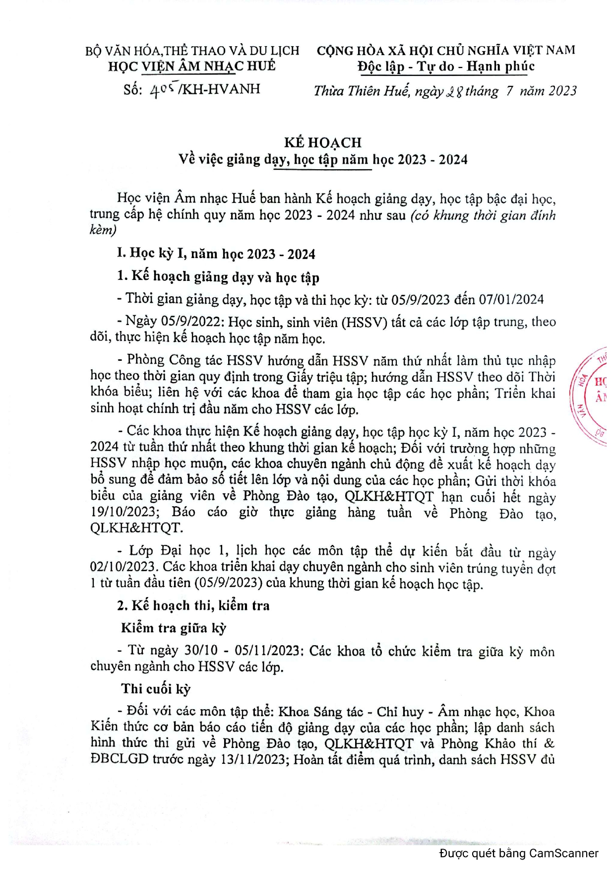 Kế hoạch giảng dạy, học tập năm học 2023 - 2024 - Học viện Âm nhạc Huế